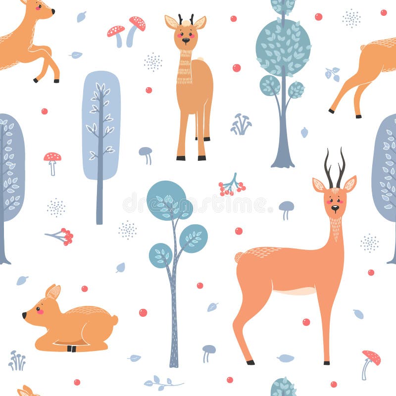 Seamless Pattern with Deer, Doe, Roe Deer on the Background of a Tree ...