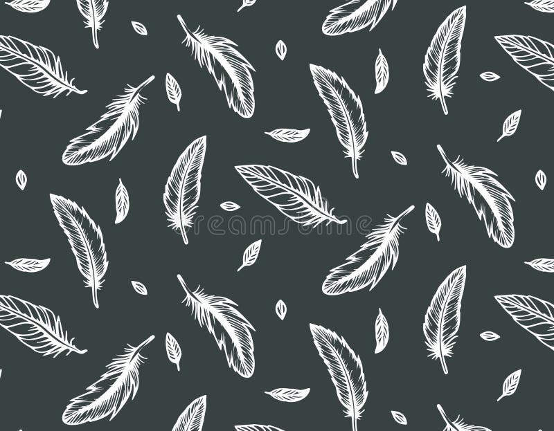 Seamless Pattern with Delicate Feathers in Doodle Style on a White ...