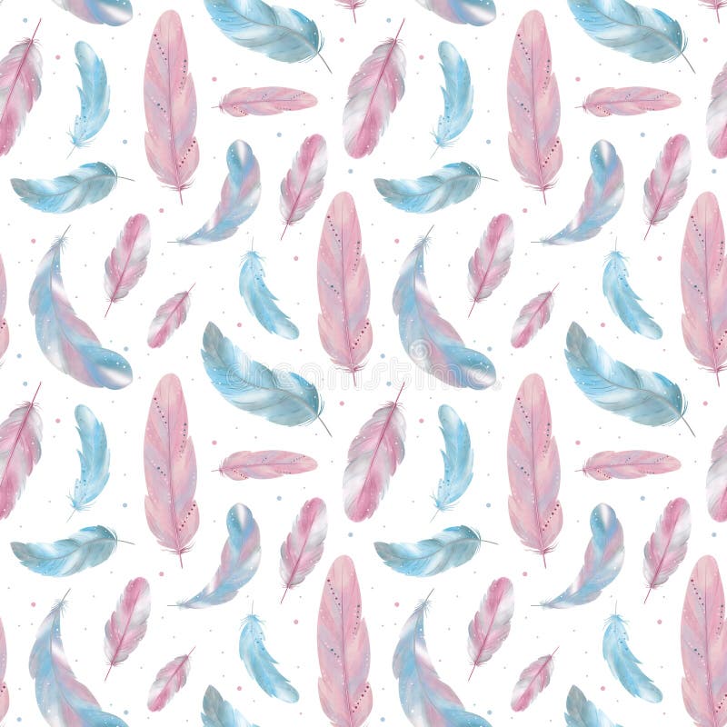 Seamless Pattern of Delicate Feathers. Pink and Blue, White Background ...
