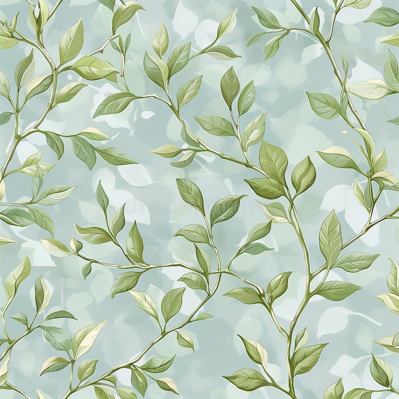 A Seamless Pattern of Delicate Green Leaves on a Light Blue Background ...