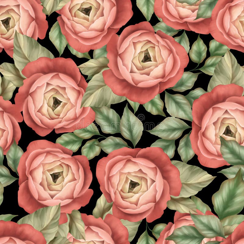 Seamless Pattern of Delicate Red Flowers and Leaves Stock Illustration ...