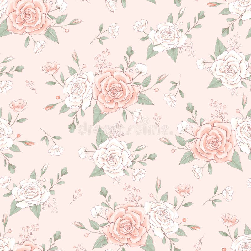 Seamless Pattern of Delicate Roses. Hand Drawing Stock Illustration - Illustration of blooming ...