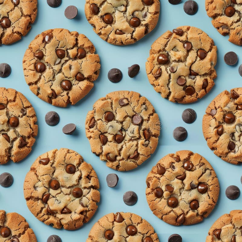 Seamless Pattern of Delicious Chocolate Chip Cookies on a Light Blue ...