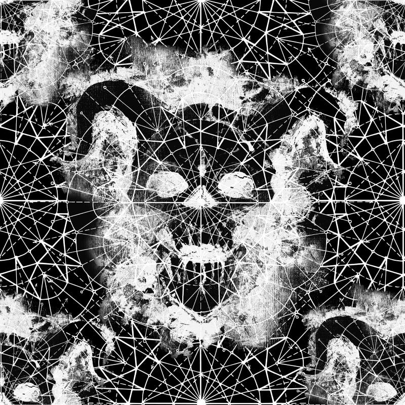 Seamless Pattern with Demon Skull Silhouette and Compass Circle Figure ...
