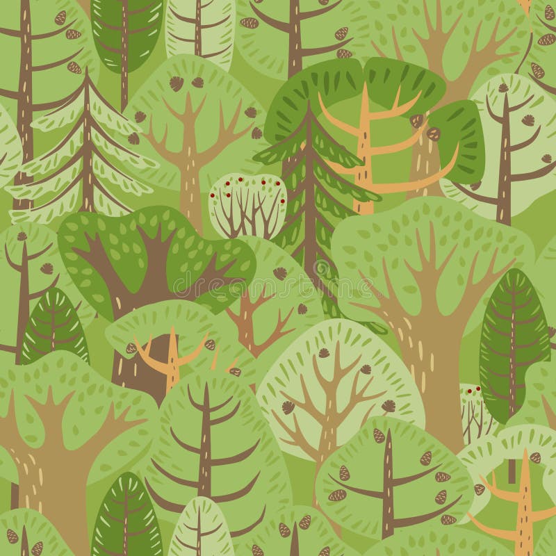 Seamless Pattern of Dense Green Forest. Various Cool Trees Form a ...