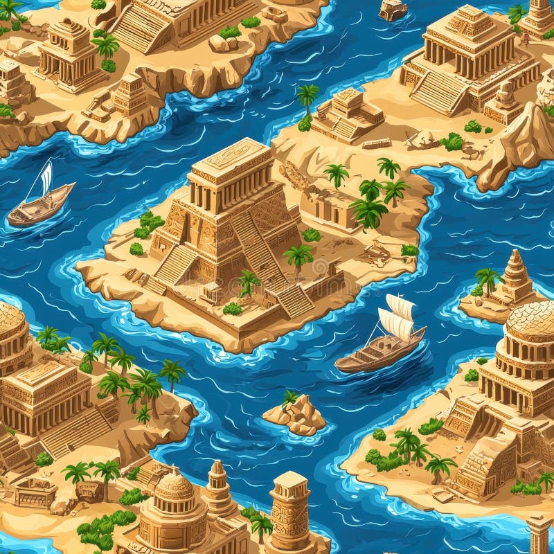 Seamless Pattern Depicting Ancient Ruins and Ships Creating a ...