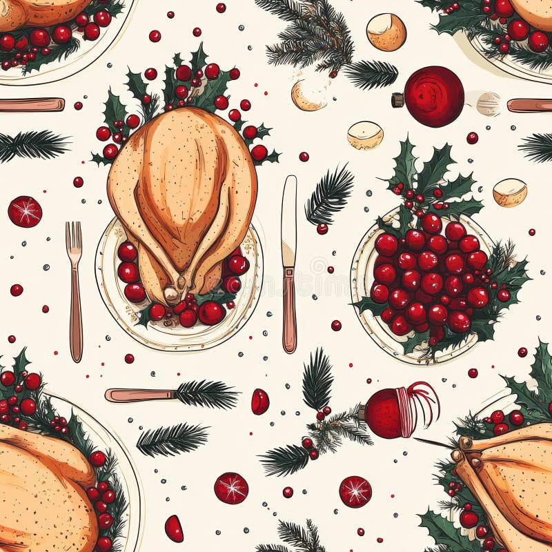 Festive Christmas Dinner Table Seamless Pattern Design Stock ...