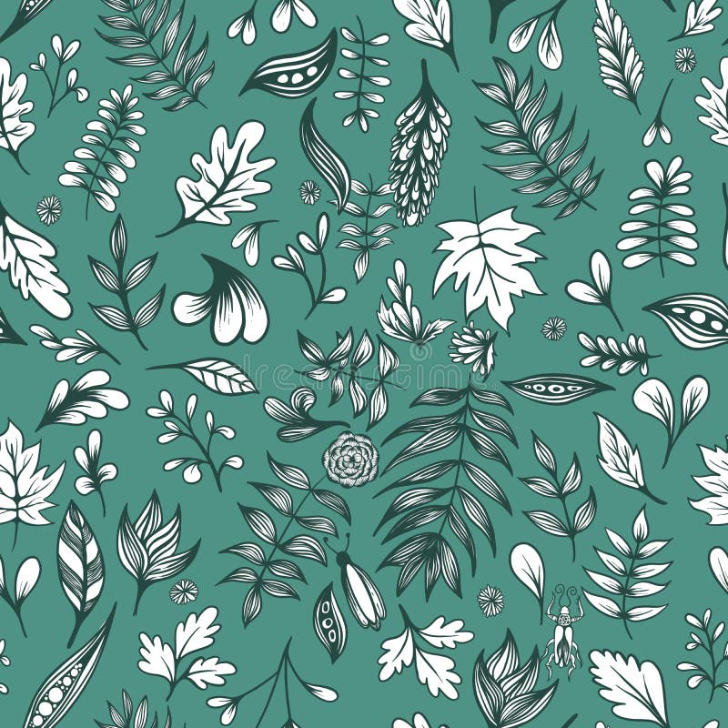 Nature Elements - Seamless Pattern in Green and White Stock ...