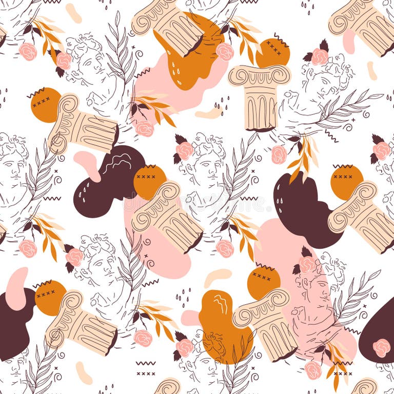 Seamless Pattern with Line Image of Antique Head of Apollo and Ancient ...