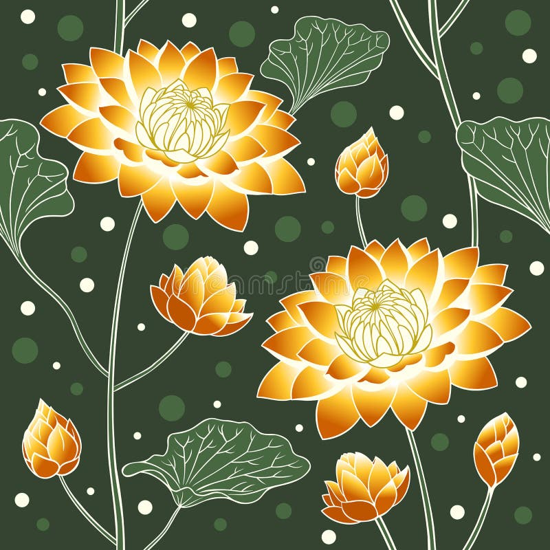 Seamless Pattern Design of Yellow Lotus Hand Drawn Stock Vector ...