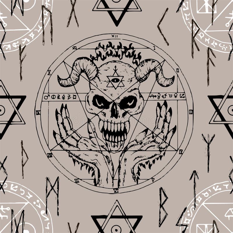 Seamless Pattern with Devil Face, Pentagram and Runes. Stock Vector ...