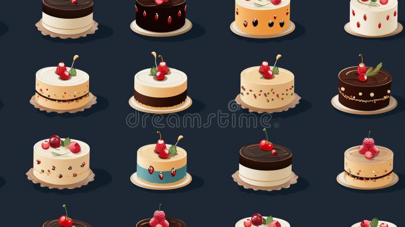 Seamless Pattern with Different Cakes on Dark Background. Vector ...