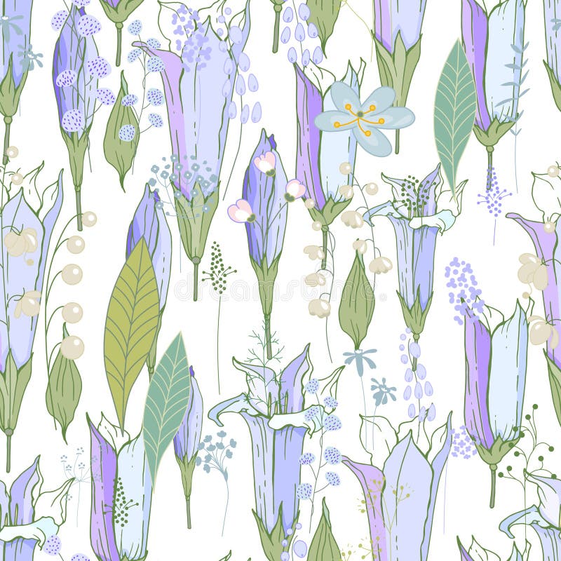 Seamless Pattern with Different Cute Flowers, Bluebells and Herbs ...