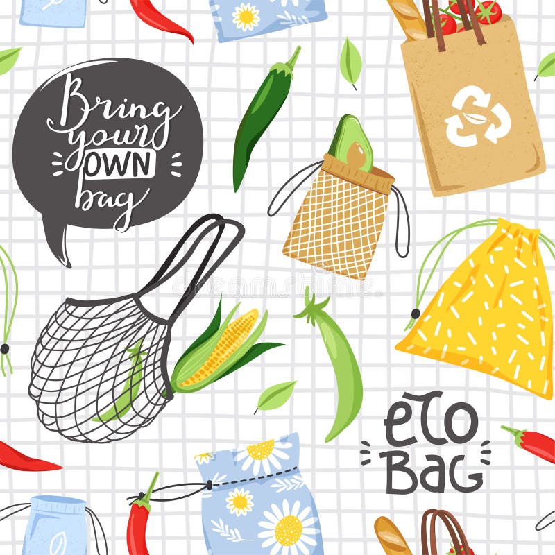 Seamless Pattern with Different Eco Objects and Lettering. Eco Bag ...