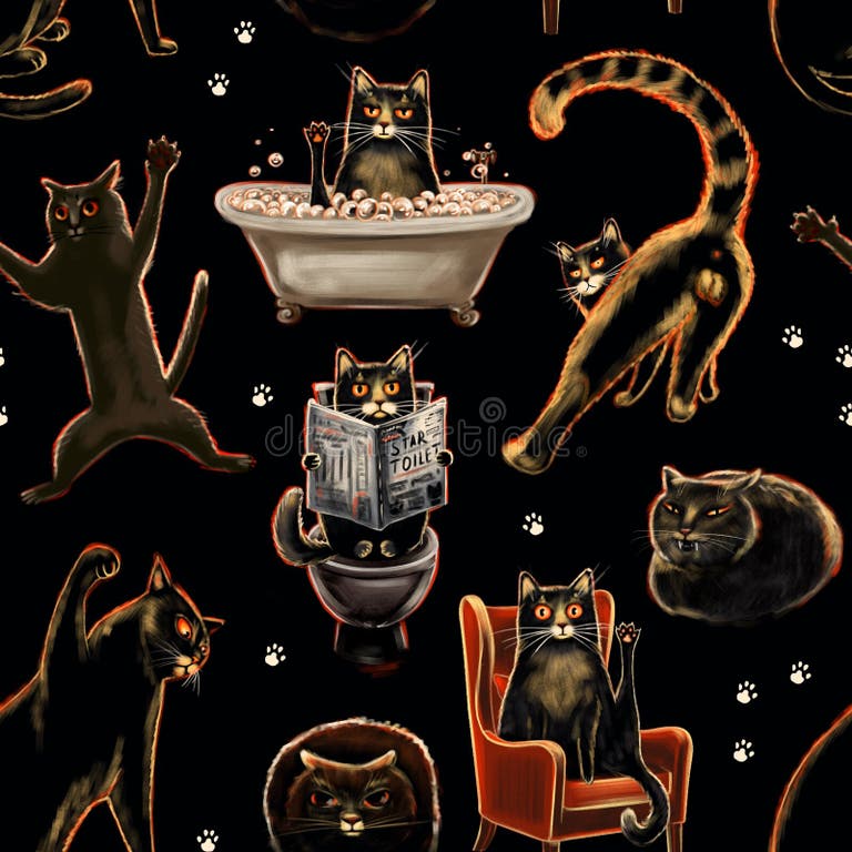 Seamless Pattern with Different Funny Fire Cats. Stock Illustration ...