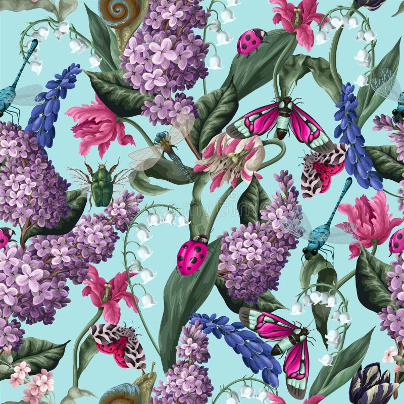 Seamless Pattern with Different Insects and Flowers. Vector. Stock ...