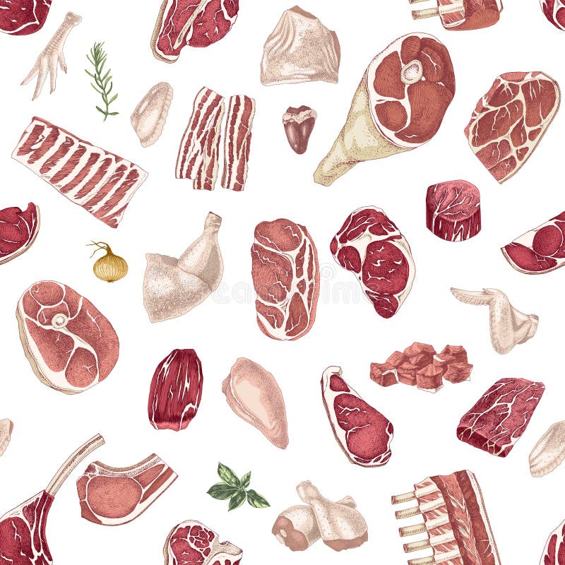 Seamless Pattern with Different Meat Products Stock Vector ...