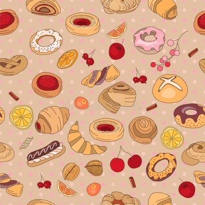 Seamless Pattern with Different Pastry. Stock Vector - Illustration of ...