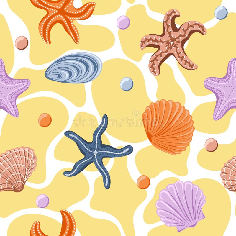 Seamless Pattern with Different Sea Shells and Starfish. Marine ...
