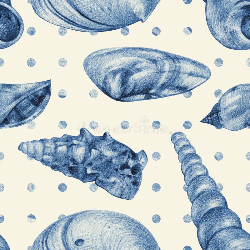 Seamless Pattern with Different Seashells Drawn by Hand Stock ...