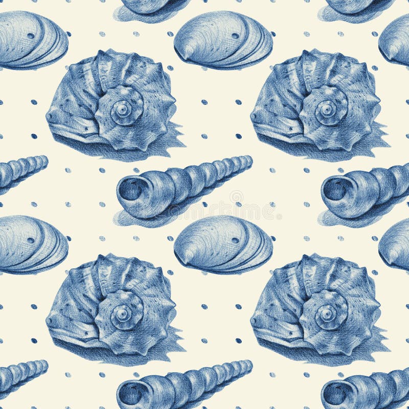 Seamless Pattern with Different Seashells Drawn by Hand Stock ...
