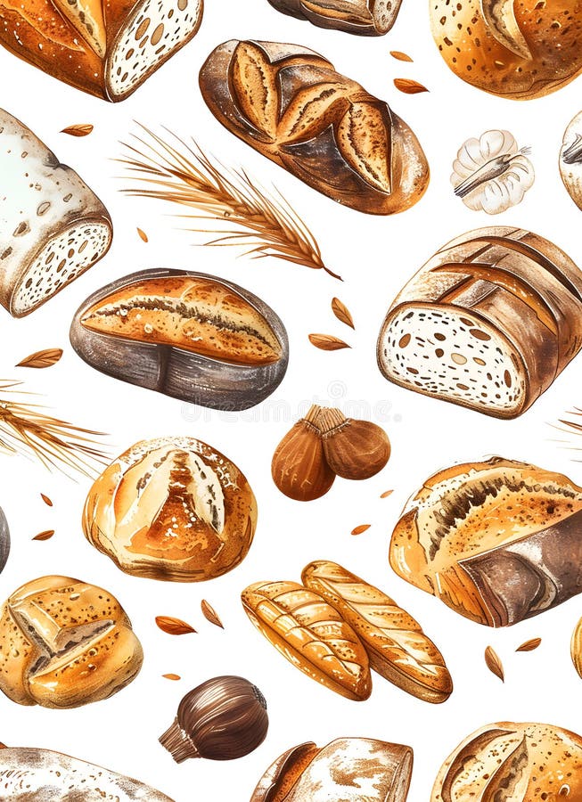 A Seamless Pattern of Different Types of Bread and Wheat on a White ...