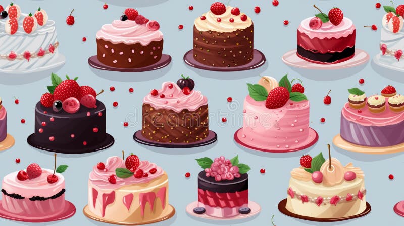 Seamless Pattern with Different Types of Cakes on Blue Background Stock ...