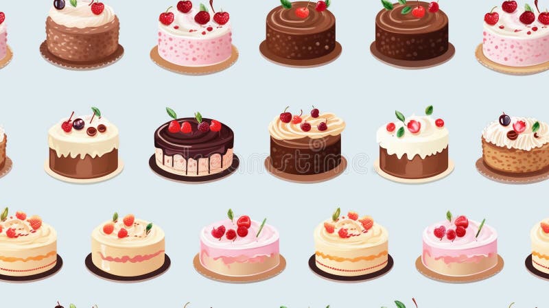 Seamless Pattern with Different Types of Cakes on Light Blue Background ...
