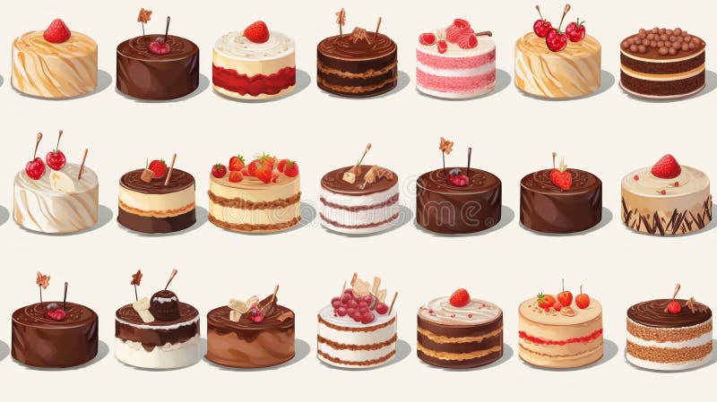 Seamless Pattern of Different Types of Cakes on White. Vector ...