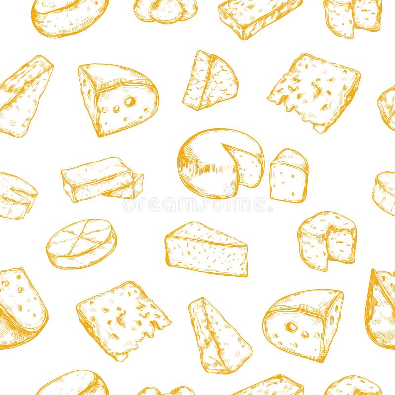 Seamless Pattern with Different Types of Cheese. Vector Hand Drawn ...