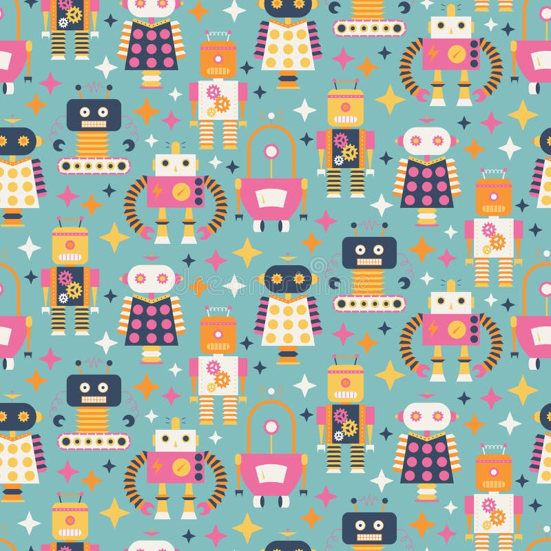Seamless Pattern with Different Vintage Robots Stock Illustration ...