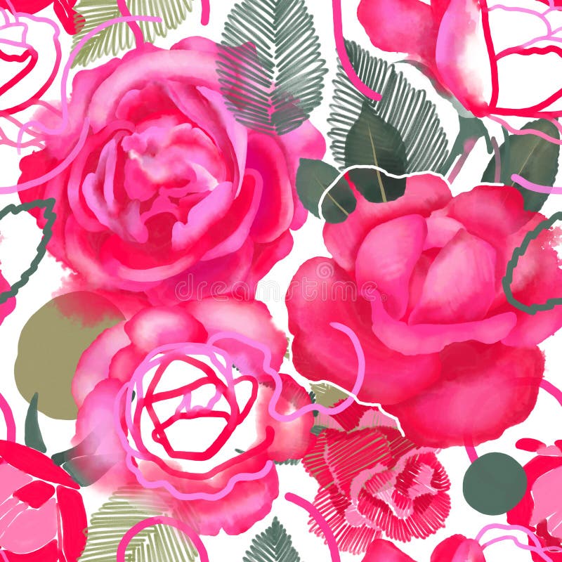 Seamless Pattern of Digital Roses Painted in Mixed Techniques in ...