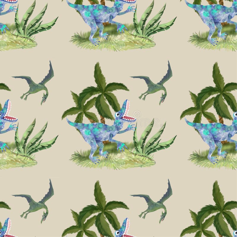 Seamless Pattern with Dinosaurs and Palm Trees Vintage Illustration, Stock Illustration ...