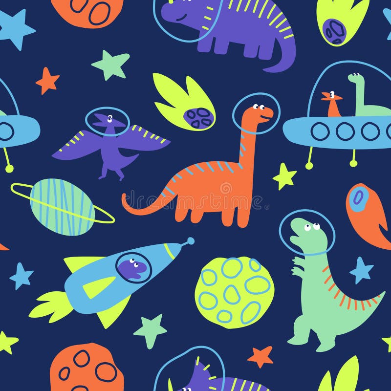 Seamless Pattern of Dinosaurs Traveling in Space Stock Vector ...