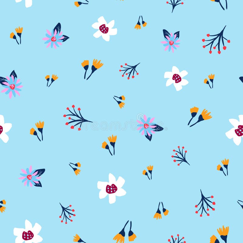 Seamless Pattern Ditsy Summer Flowers on Blue Stock Vector ...