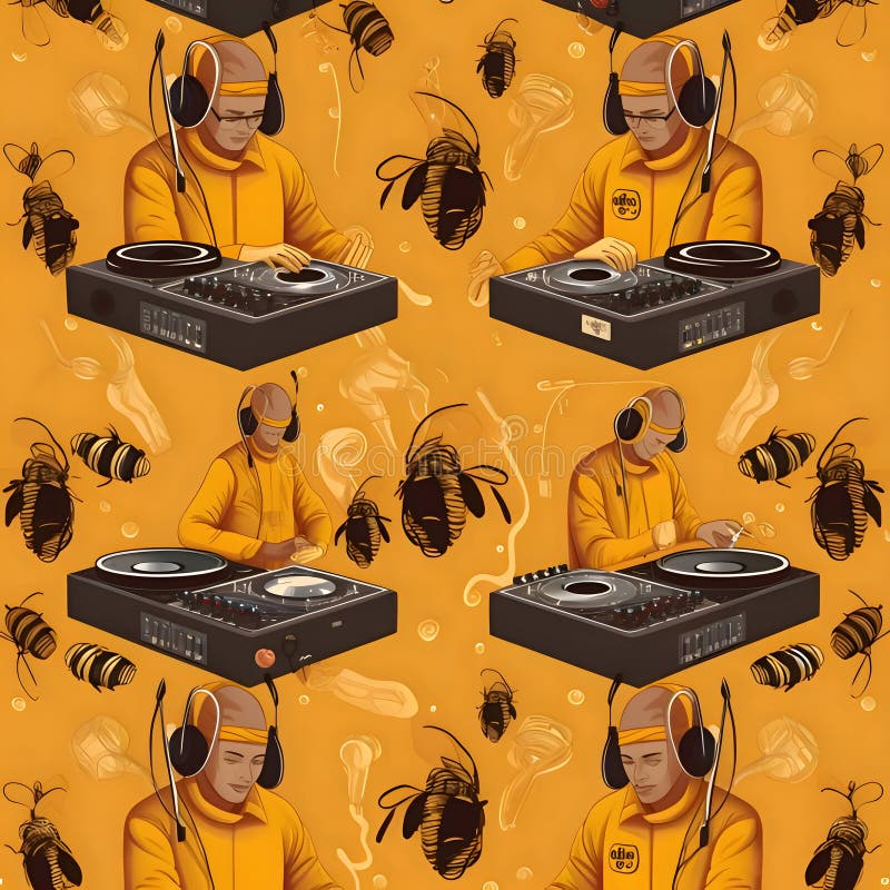 Seamless Pattern with DJ and Bee. Vector Illustration in Cartoon Style ...