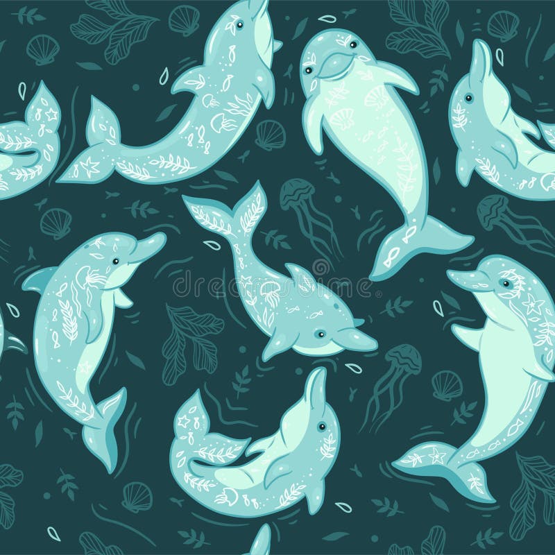 Seamless Pattern with Dolphins and Sea Elements. Vector Graphics Stock Illustration ...