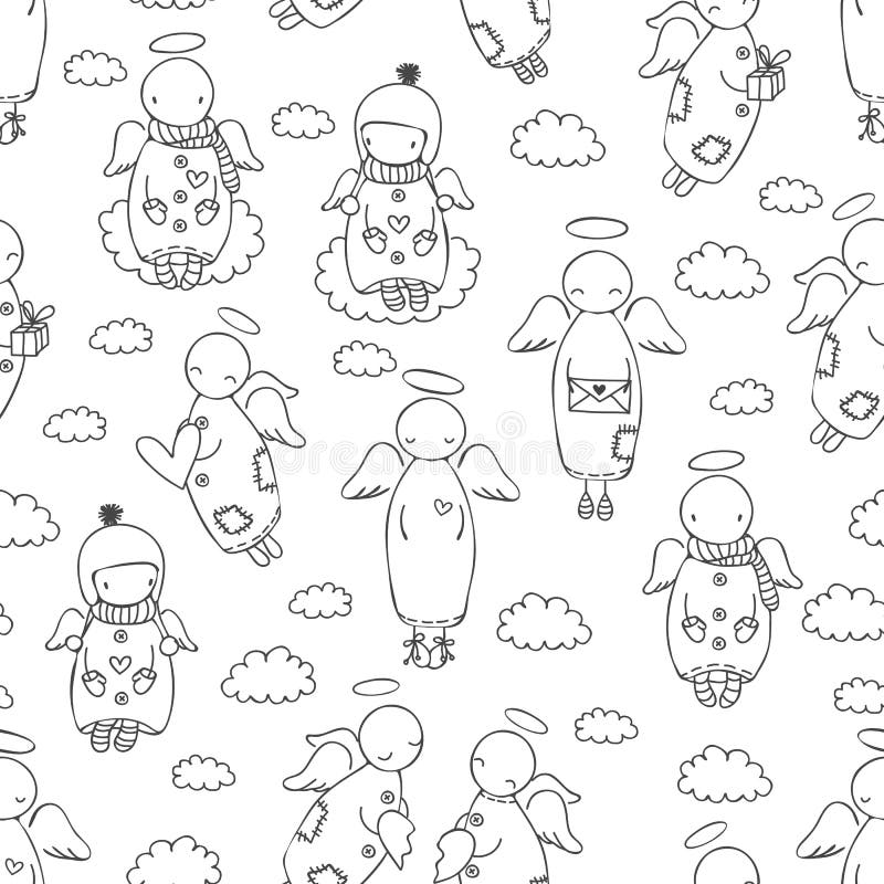 Seamless Pattern with Doodle Angels in the Sky with Clouds and Hearts ...