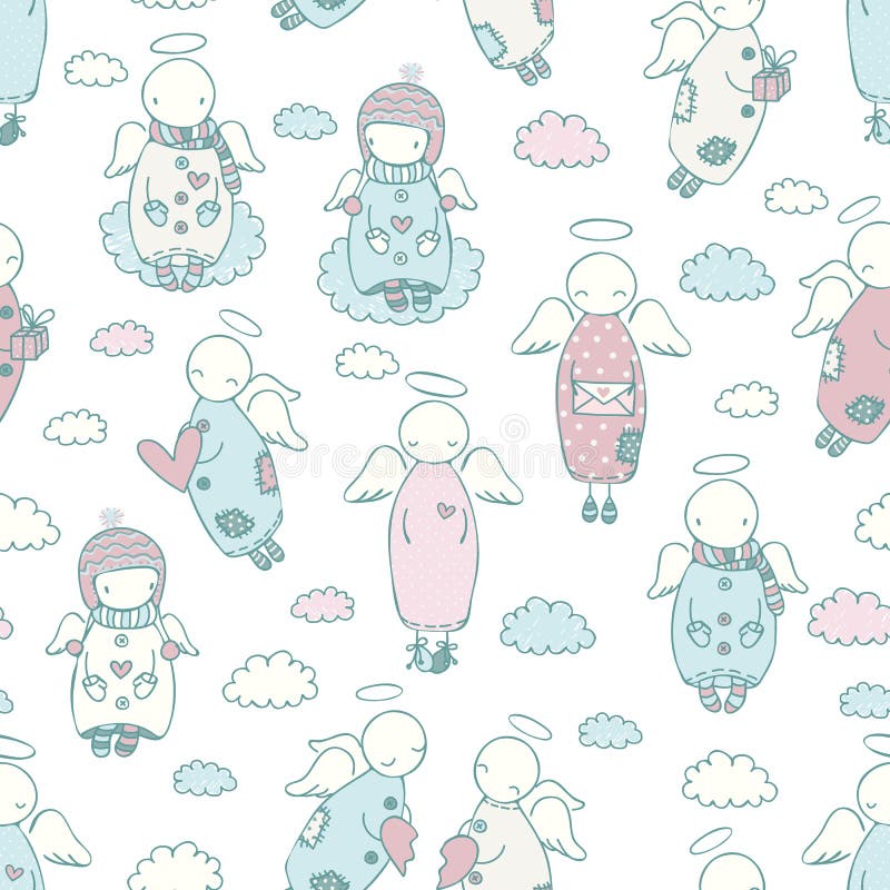 Seamless Pattern with Doodle Angels in the Sky with Clouds and Hearts ...