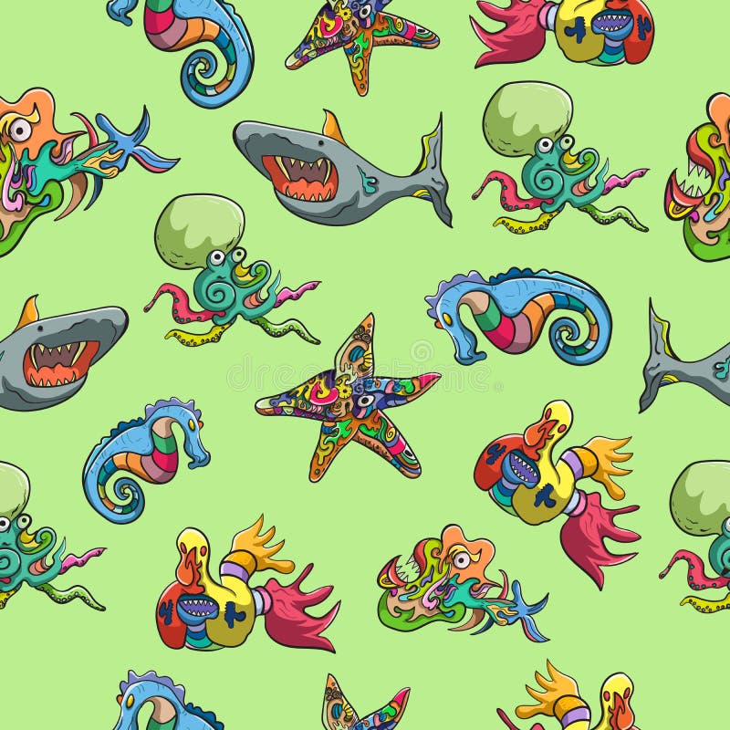 SEAMLESS PATTERN Doodle Background of SEA ANIMALS in Handdrawn Style ...