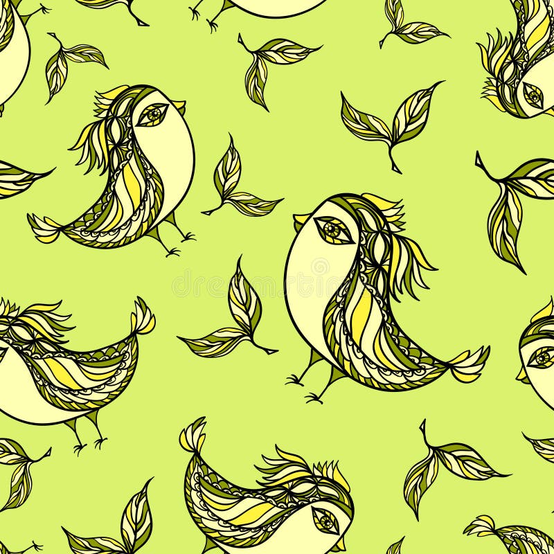 Seamless Pattern with Doodle Birds in Green Stock Vector - Illustration ...