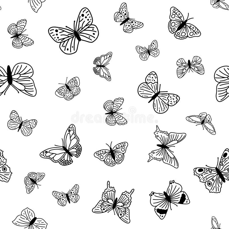 Seamless Pattern with Doodle Butterflies. Hand Drawn Vector Background ...