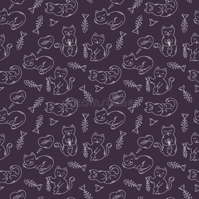Seamless Pattern With Doodle Cats And Fish Bones Stock Vector ...