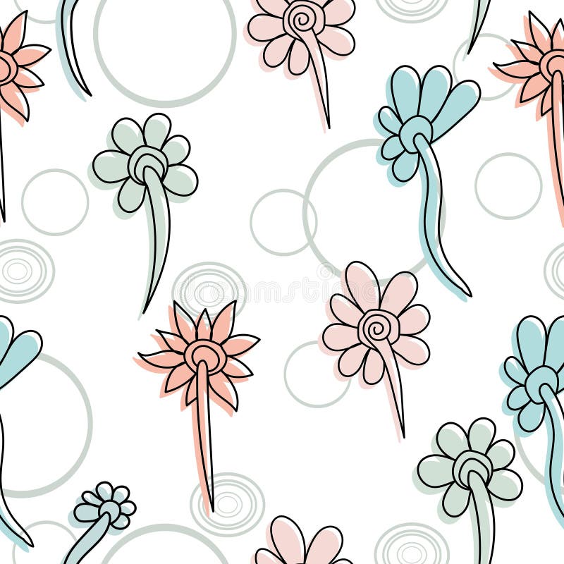 Seamless Pattern with Doodle Daisies and Round Gray Shapes on a White ...