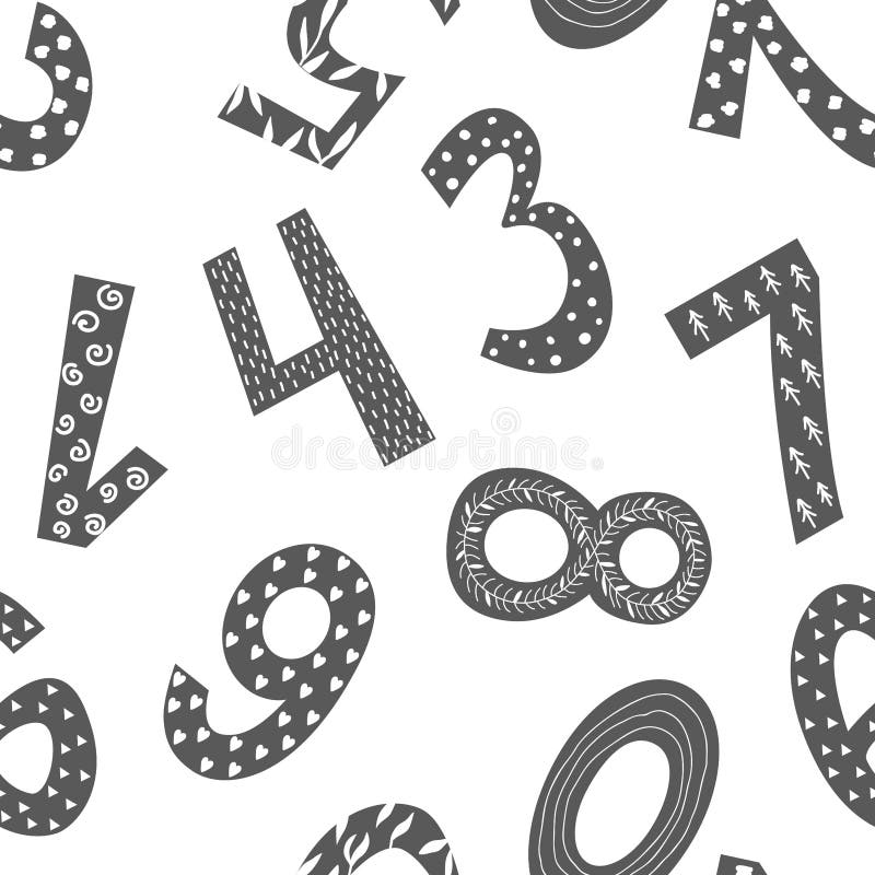 Seamless Pattern with Doodle Hand Drawn Numbers in Scandinavian Style ...
