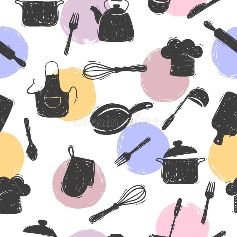 Seamless Pattern with Doodle Kitchen Utensils. Cooking Food Stock ...