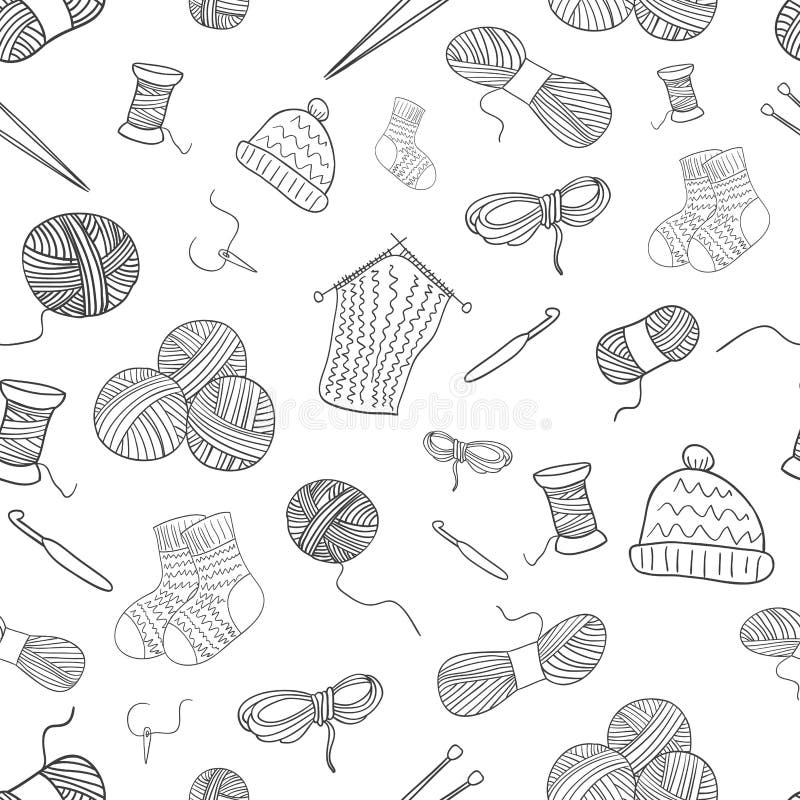 Seamless Pattern Doodle Knitting Icons, Thread, Yarn, Knitting Needles ...