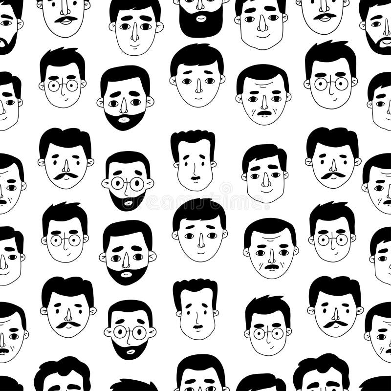 Seamless Pattern of Doodle Men Portraits on White Background. Vector ...