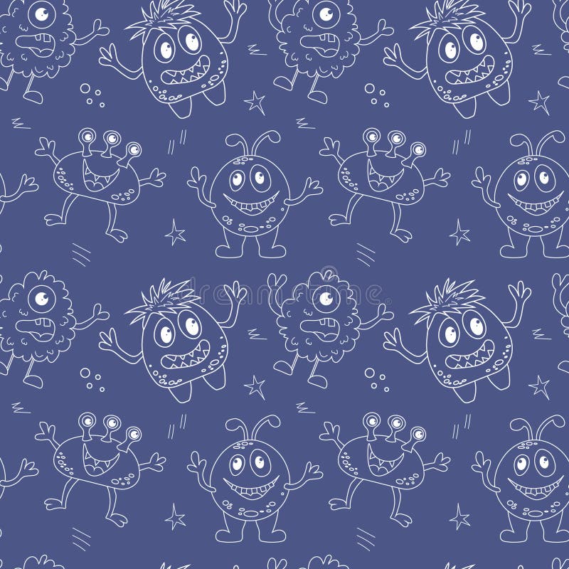 Seamless Pattern with Doodle Monsters on a Blue Background. Cute Aliens Drawn by Hand Stock ...