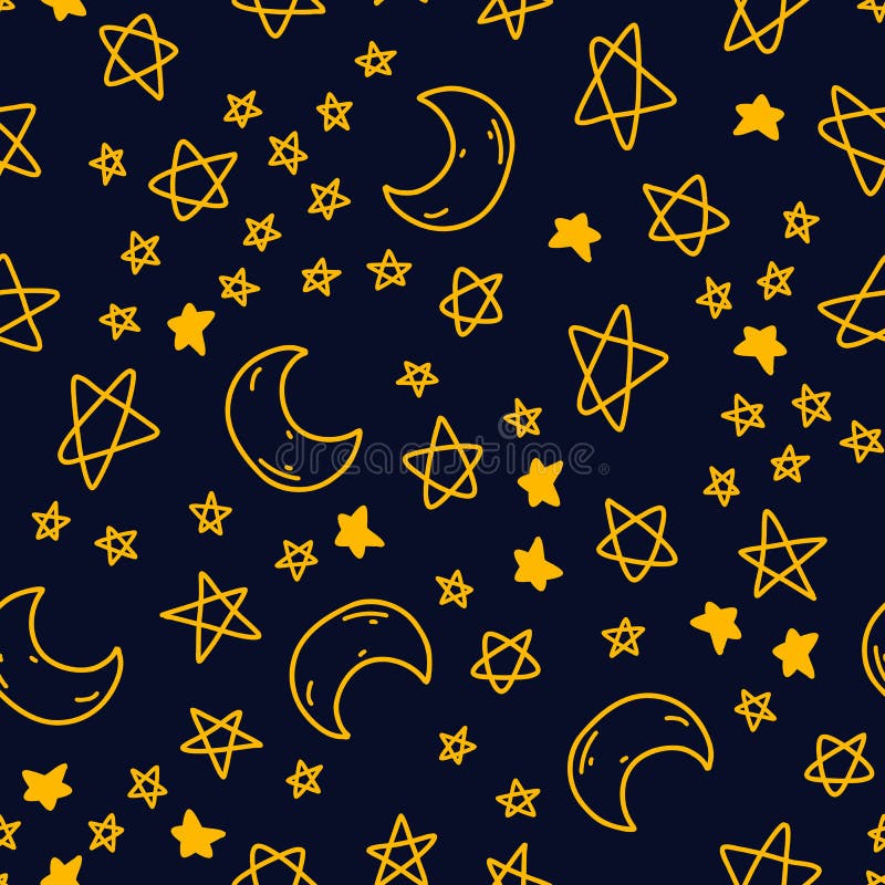 Seamless Pattern with Doodle Moon and Stars in Neon Orange Color on ...